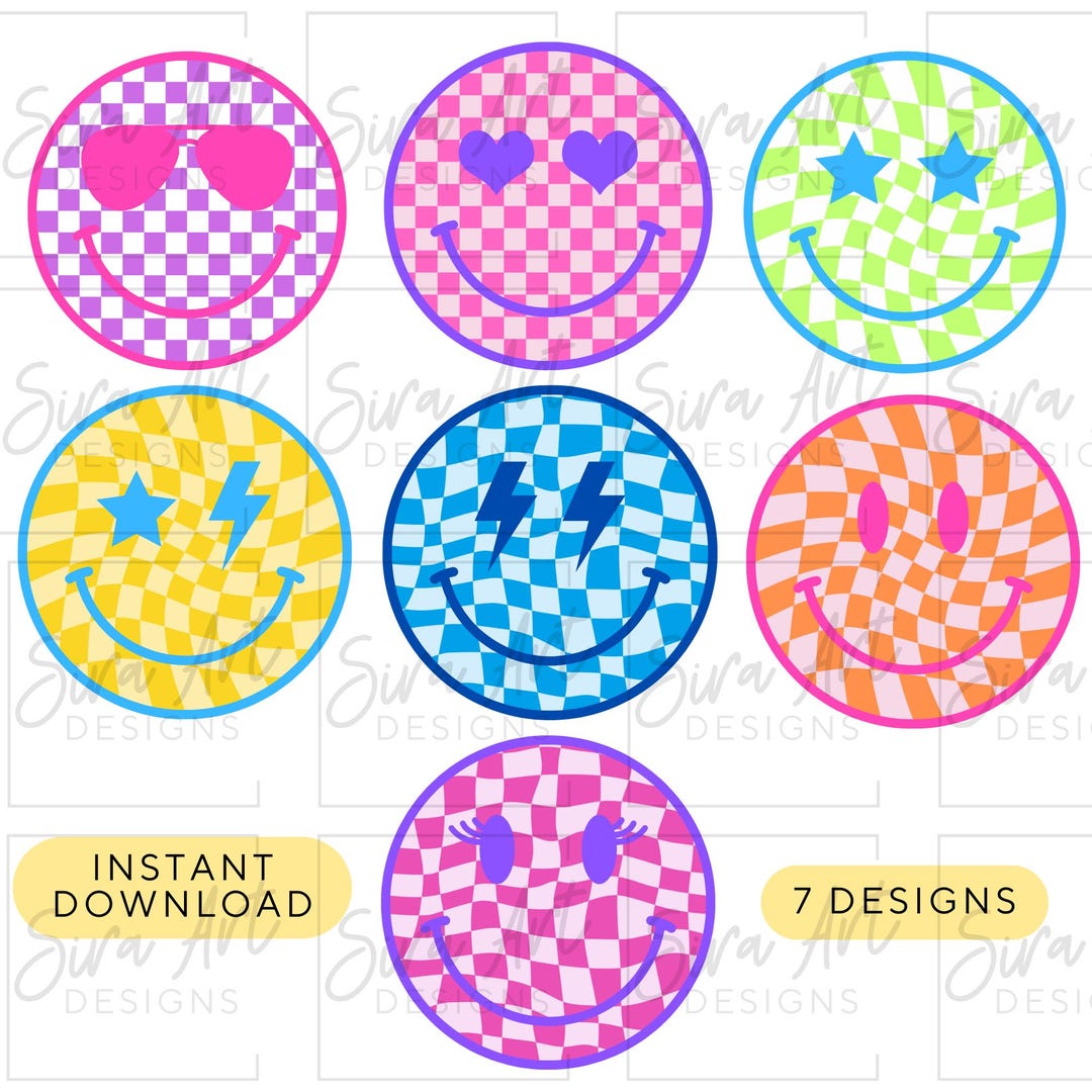 Retro Checkered Smile Face PNG Bundle, Happy Faces Groovy Checker Set ...