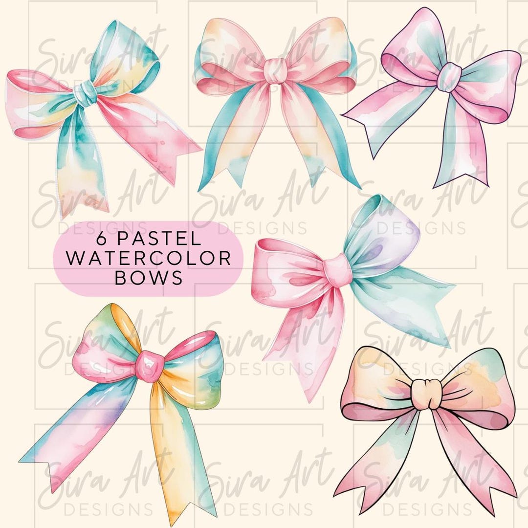 Watercolor Bows Clipart Png Bundle, Pastel Rainbow Bow Set, Coquette ...