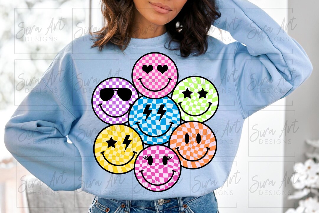 Retro Checkered Smile Face PNG, Groovy Smiley Faces Sublimation Design ...