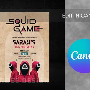 EDITABLE Squid Game Party Invitation Template 01 Thank you Tags INSTANT ...