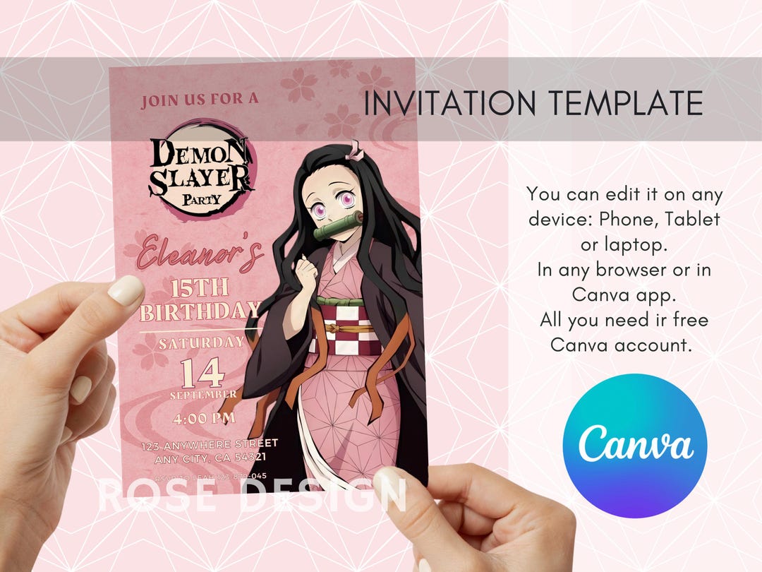 EDITABLE - Nezuko Demon Slayer Party Invitation Template #02 + Thank ...