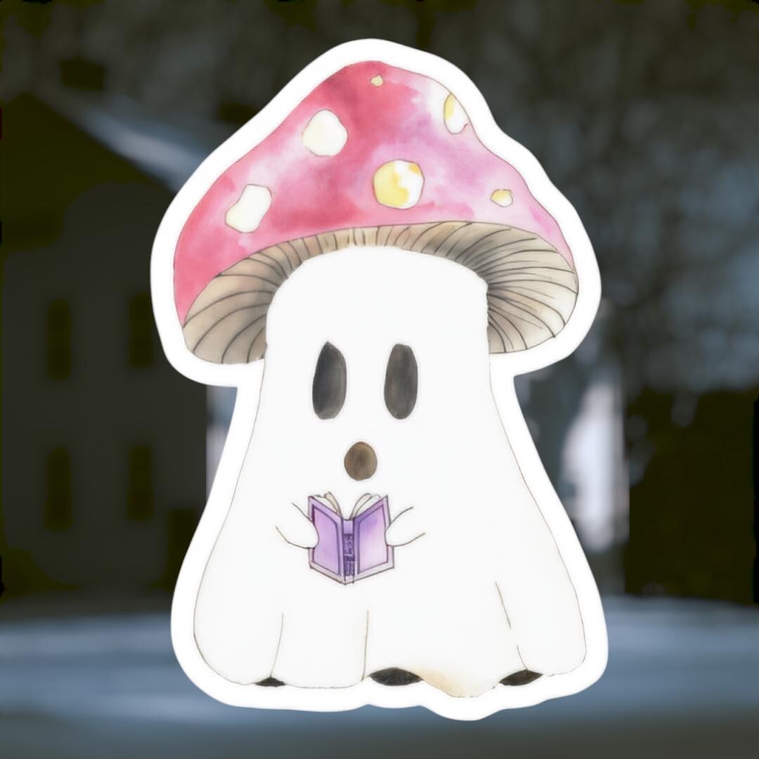 Cute Mushroom Ghost With Spell Book Sticker | Hand-drawn Waterproof ...