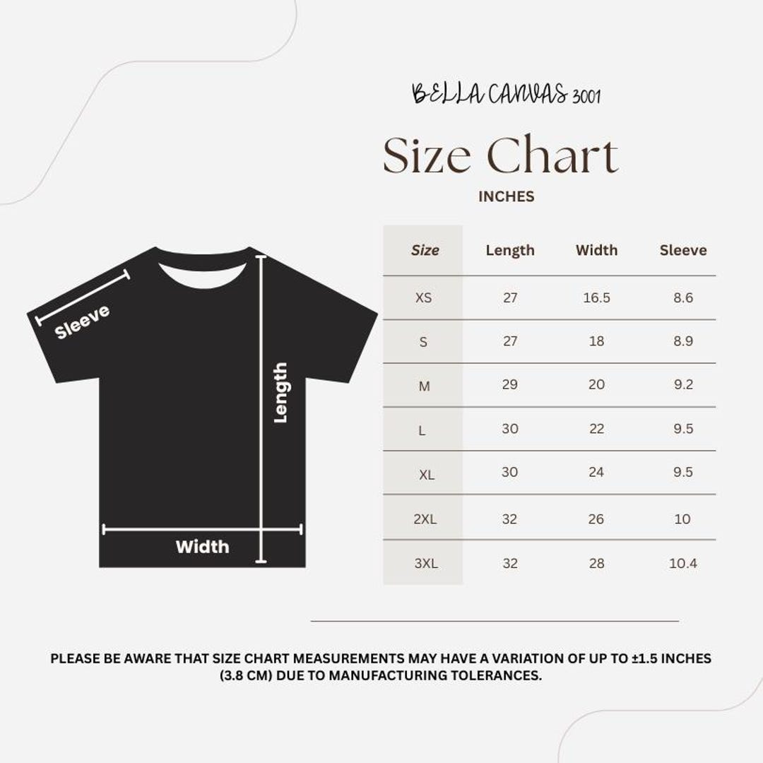 Bella Canvas 3001 Size Chart |one T-shirt Size Chart Mockups XS-3XL ...