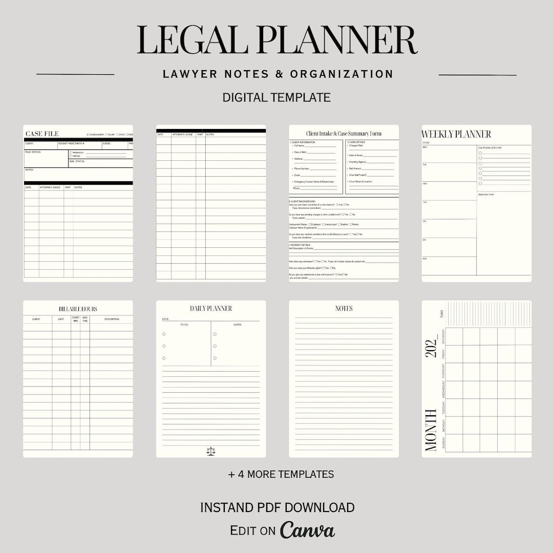 Legal Planner Digital Template | Lawyer Case Organizer (canva Download ...