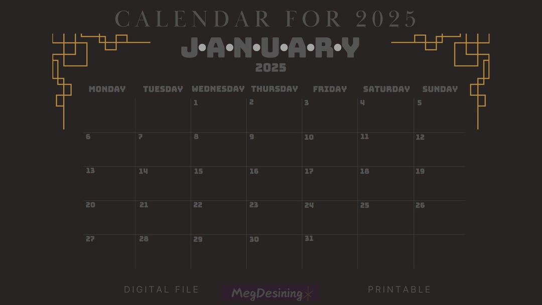 Printable Calendar Dark Theme Calendar for 2025 Digital File Monthly ...