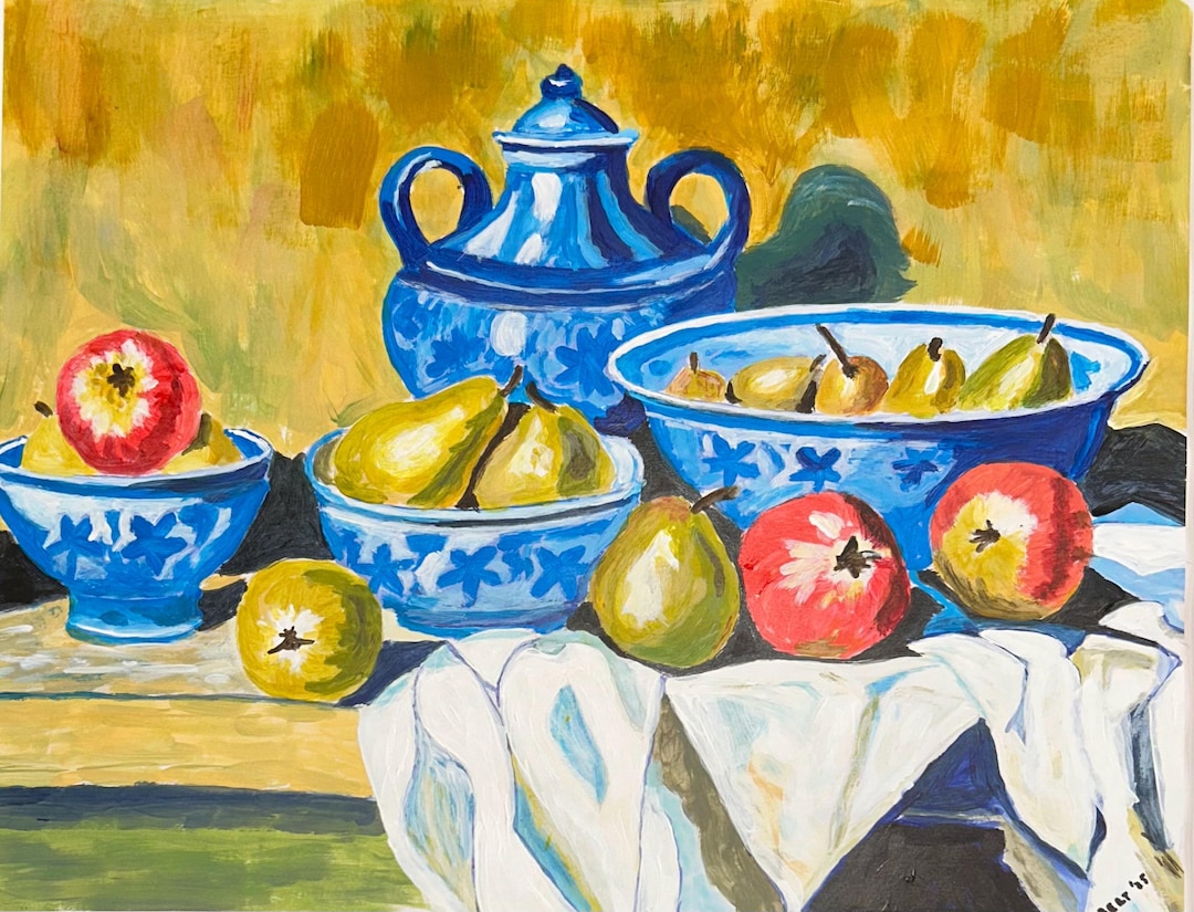 Still Life With Fruit and Blueware Acrylic 11x14 – Colorful Fruit Bowl ...