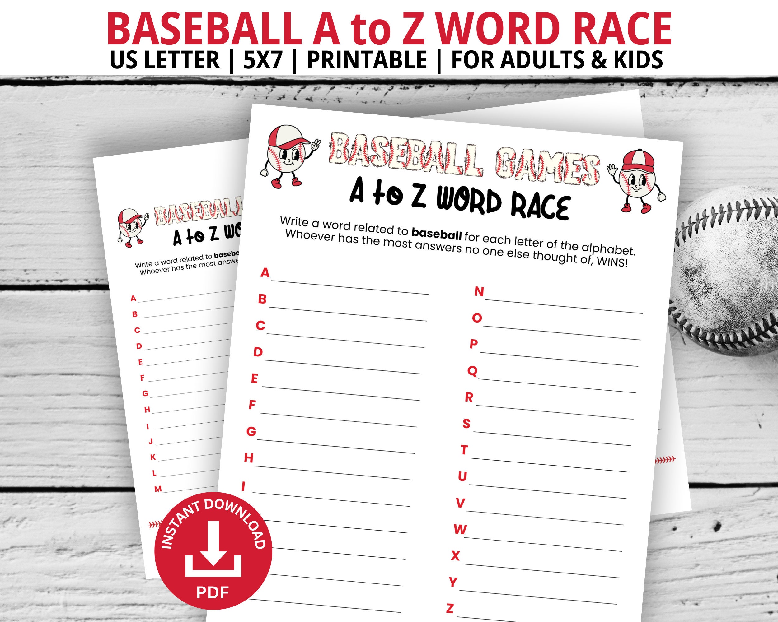 Baseball A to Z Word Race Game, Baseball Party Games, Family Game Night ...