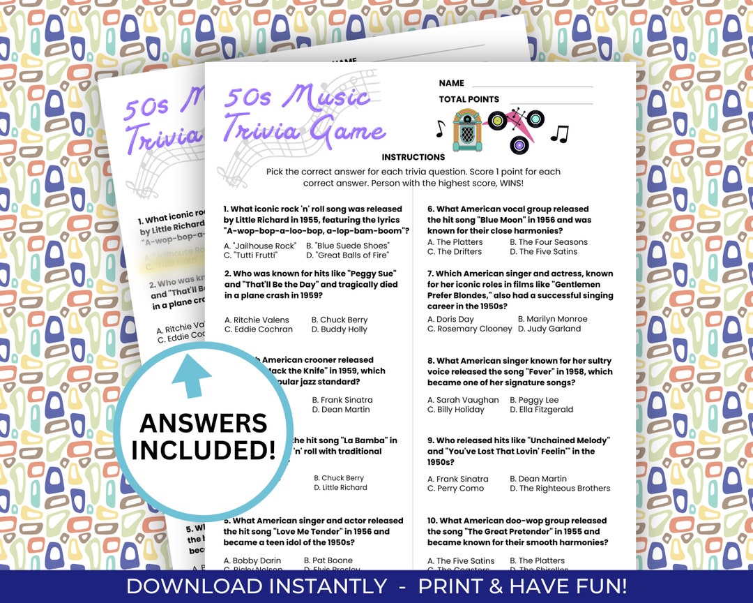 50s Trivia Game, Music Trivia, Printable Trivia Game, Family Game Night ...