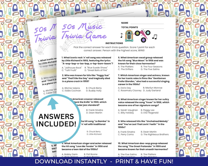 50s Trivia Game, Music Trivia, Printable Trivia Game, Family Game Night ...