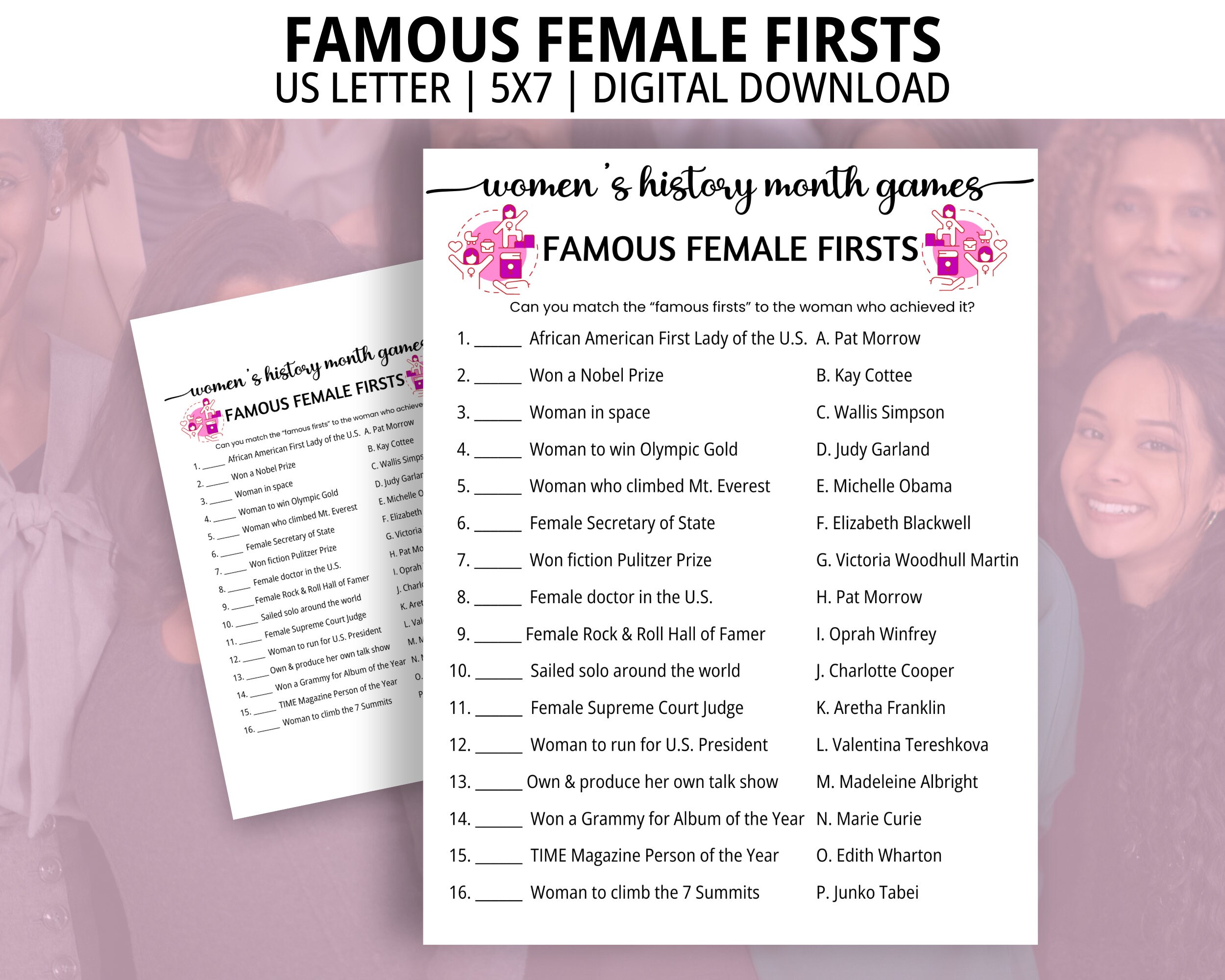 Famous Female Firsts, Matching Game, Womens History Month, Family Game ...