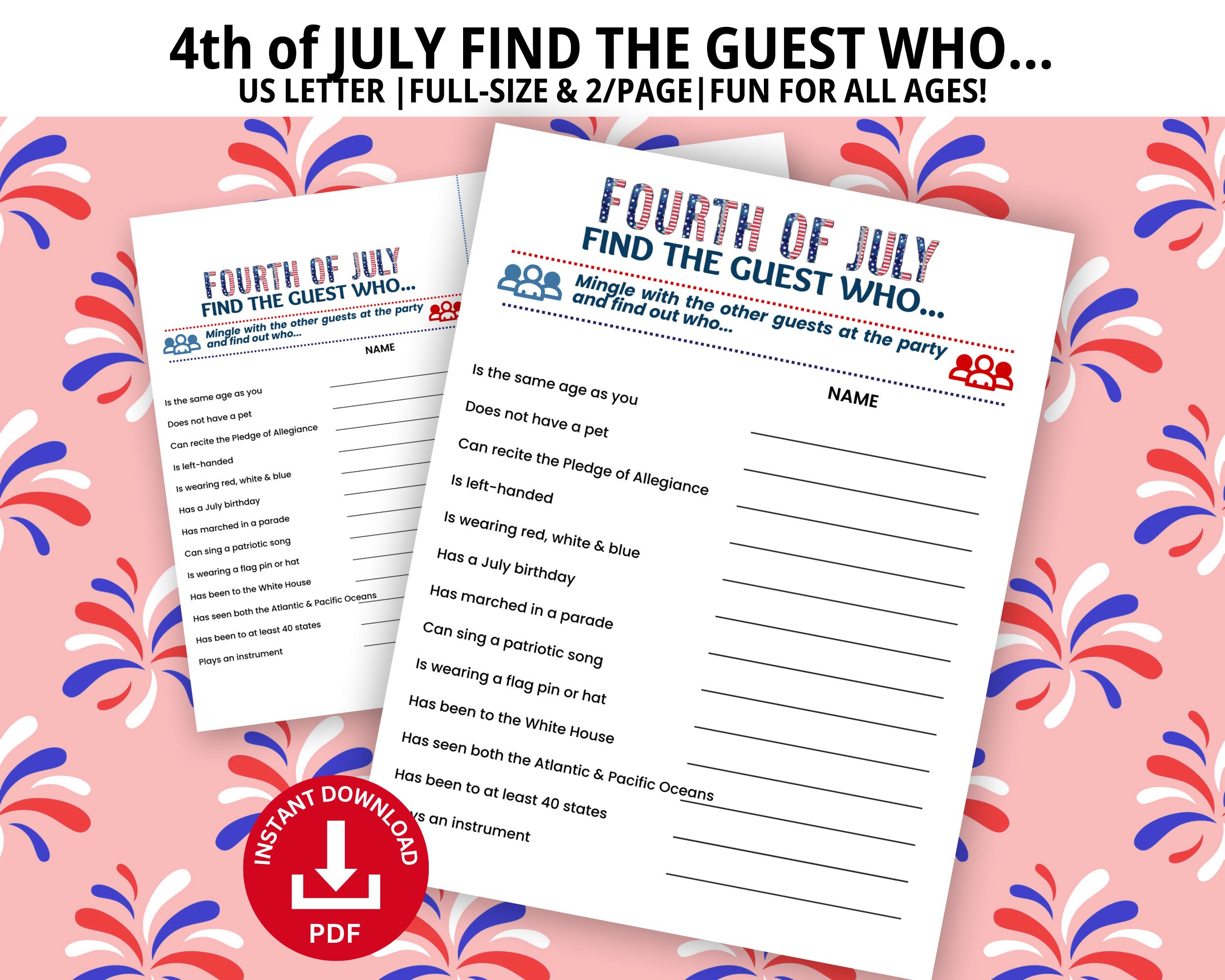 Find the Guest Game, 4th of July Game, Family Party Games, Patriotic ...