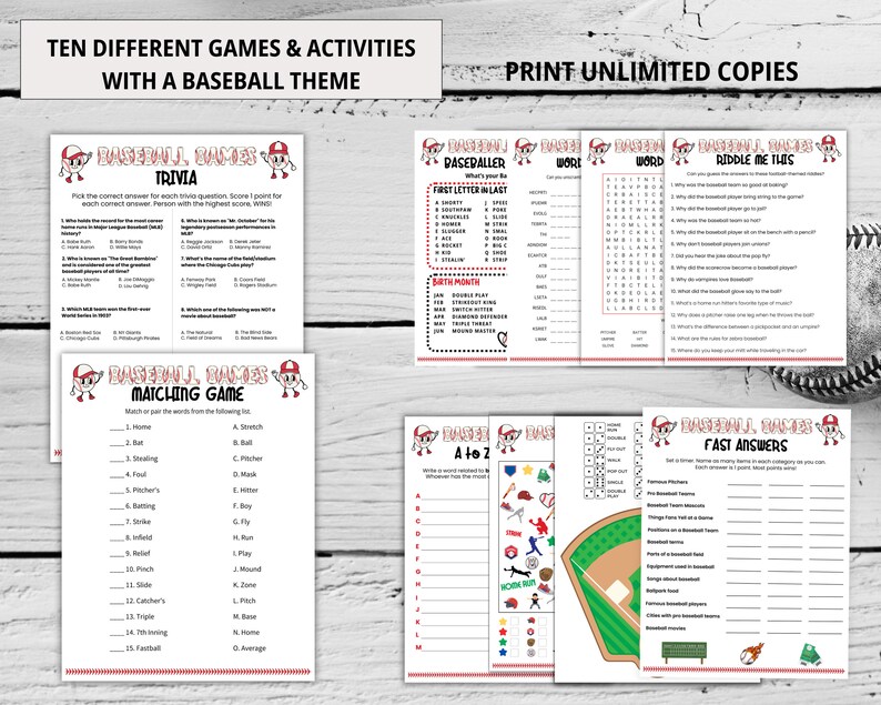 Baseball Games Bundle, Baseball Party Games, Family Game Night, Office ...