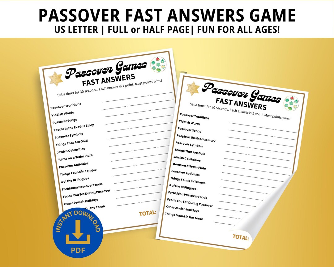 Passover Fast Answers Game, Passover Games, Jewish Games, Passover ...