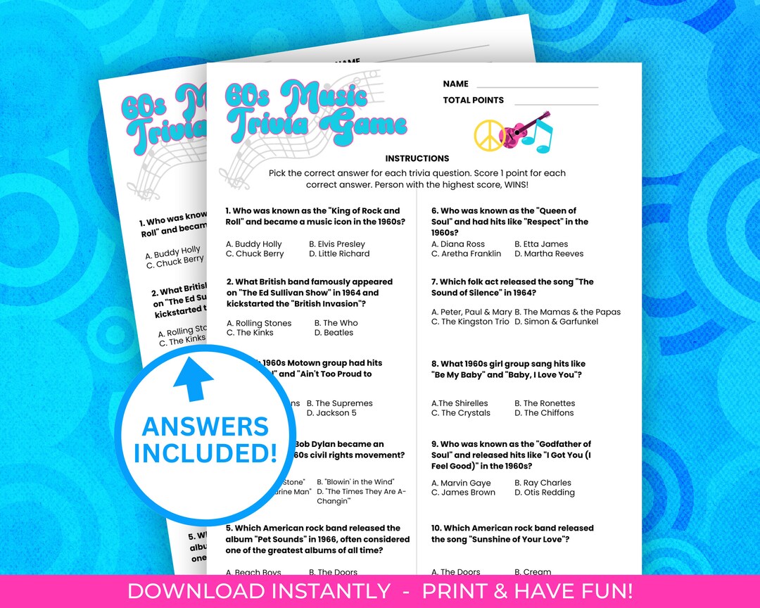 1960s Trivia Game, Music Trivia, Printable Trivia Game, Family Game ...