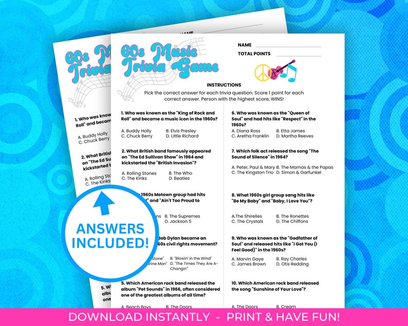 1960s Trivia Game, Music Trivia, Printable Trivia Game, Family Game ...