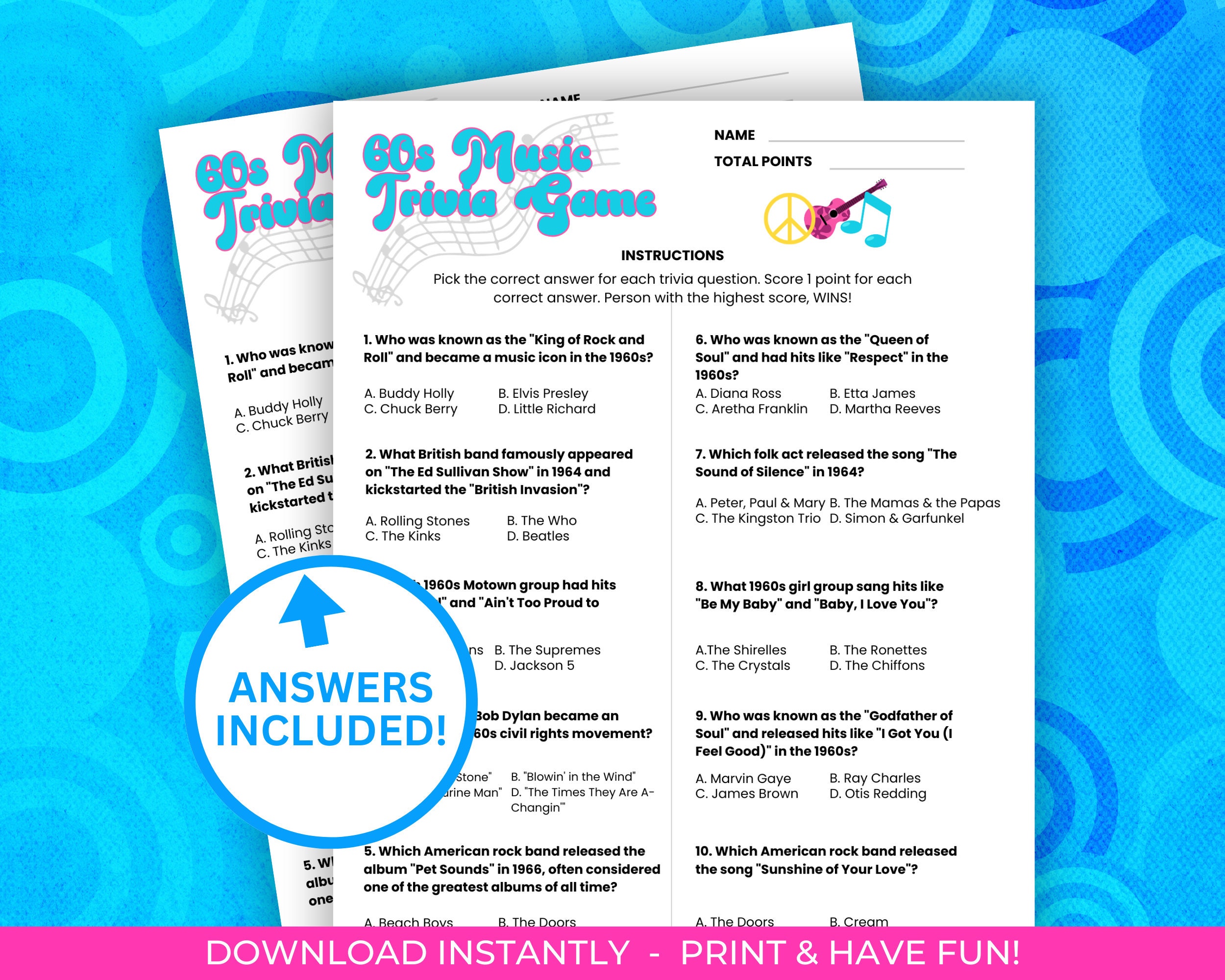 1960s Trivia Game, Music Trivia, Printable Trivia Game, Family Game ...