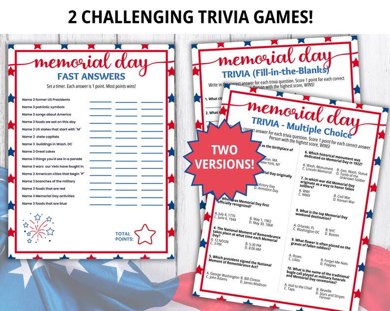 Memorial Day Games, 12 Game Bundle, Trivia Games, Patriotic Games ...