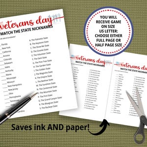 State Nicknames, Matching Game, Veterans Day Games, Group Games ...