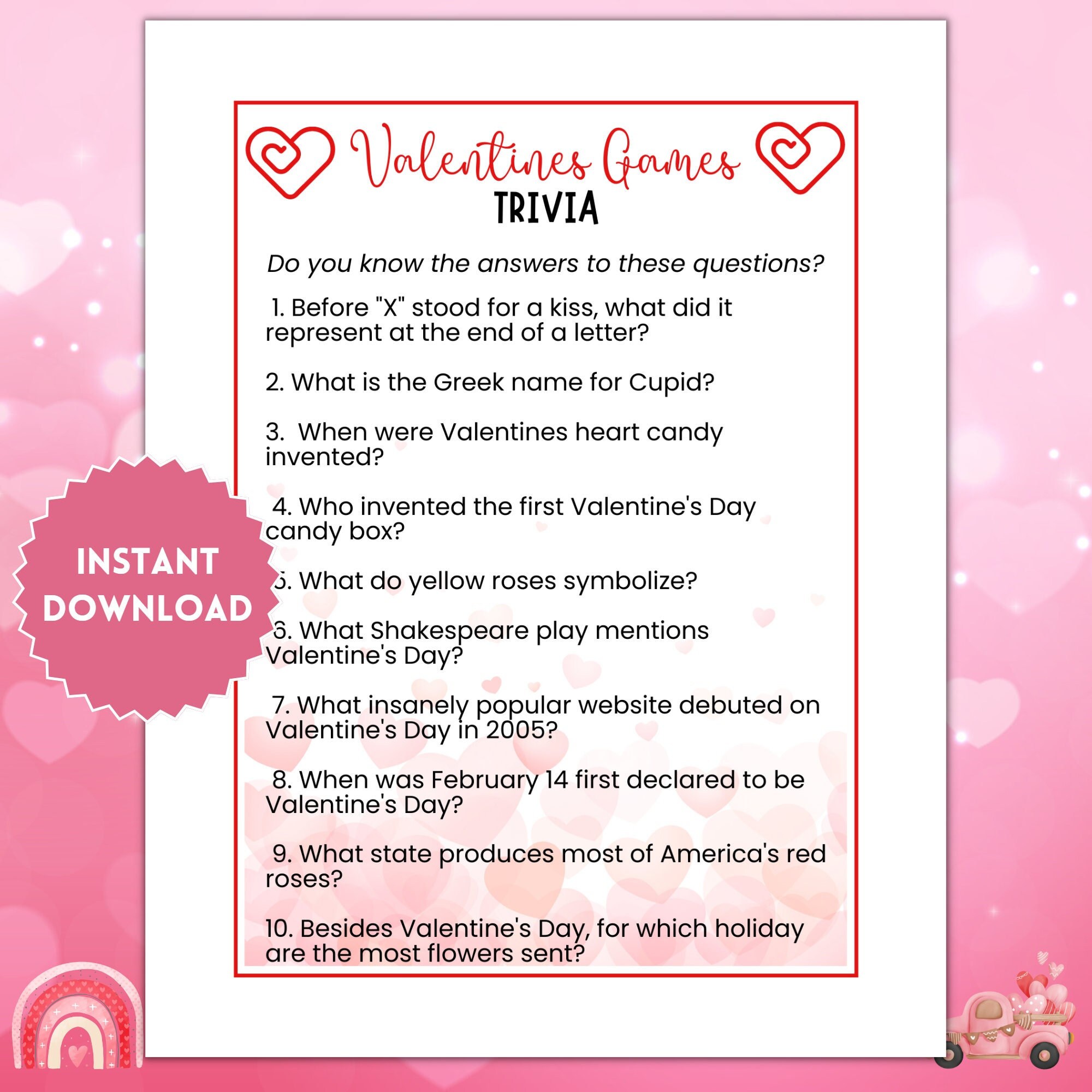 Valentine Trivia Game, Printable Game, for Kids and Adults, Valentines ...