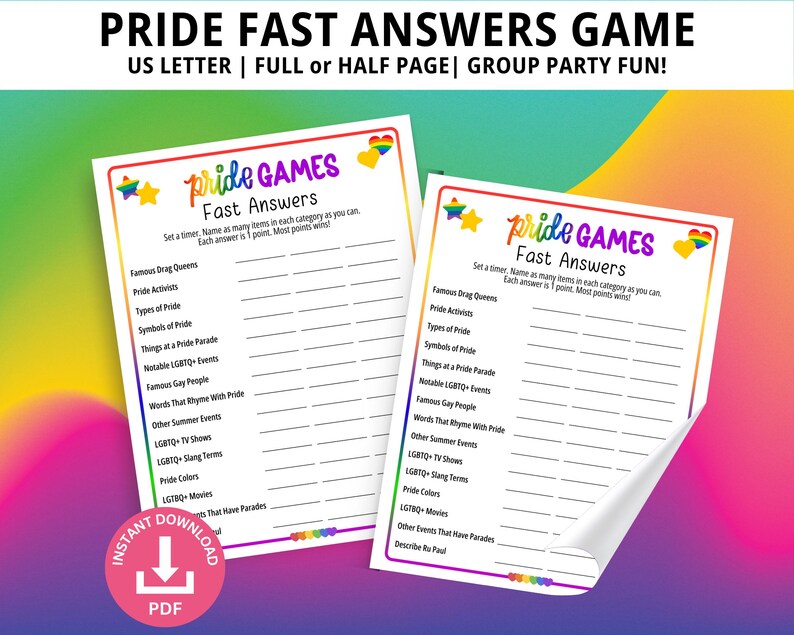Pride Fast Answers Game, Pride Games, Pride Party Games, Pride 2025 ...