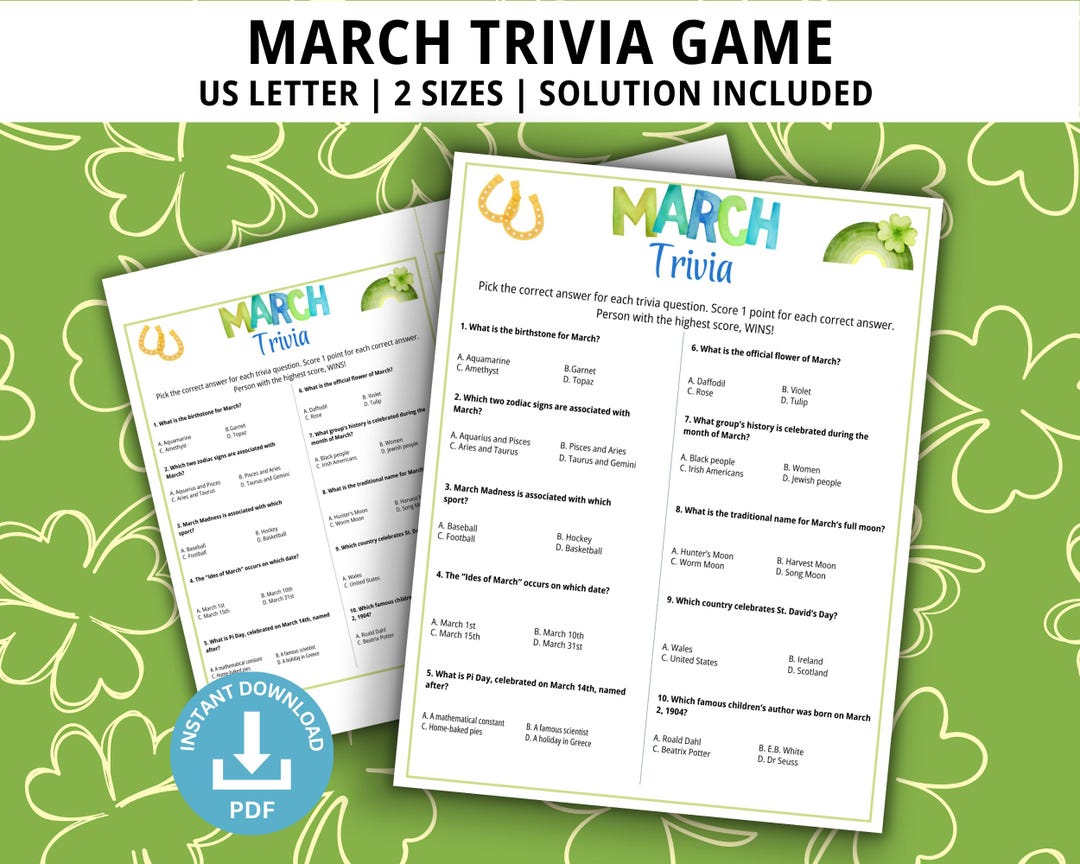 March Trivia Game, Monthly Trivia, March Games, Family Game Night ...