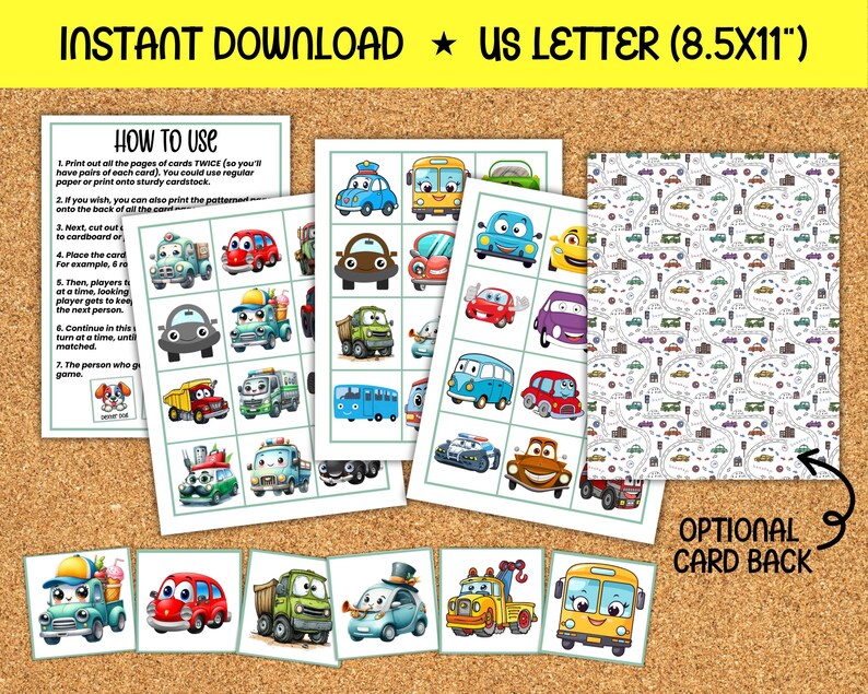 Cars and Trucks Memory Match, Cars Matching Game, Memory Matching Game ...