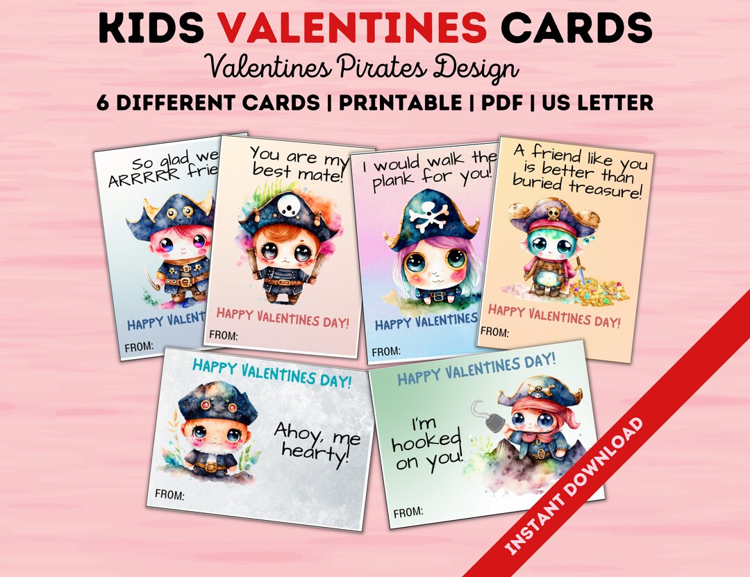 Pirate Valentine, Preschool Valentines Cards, Valentine Card Set ...