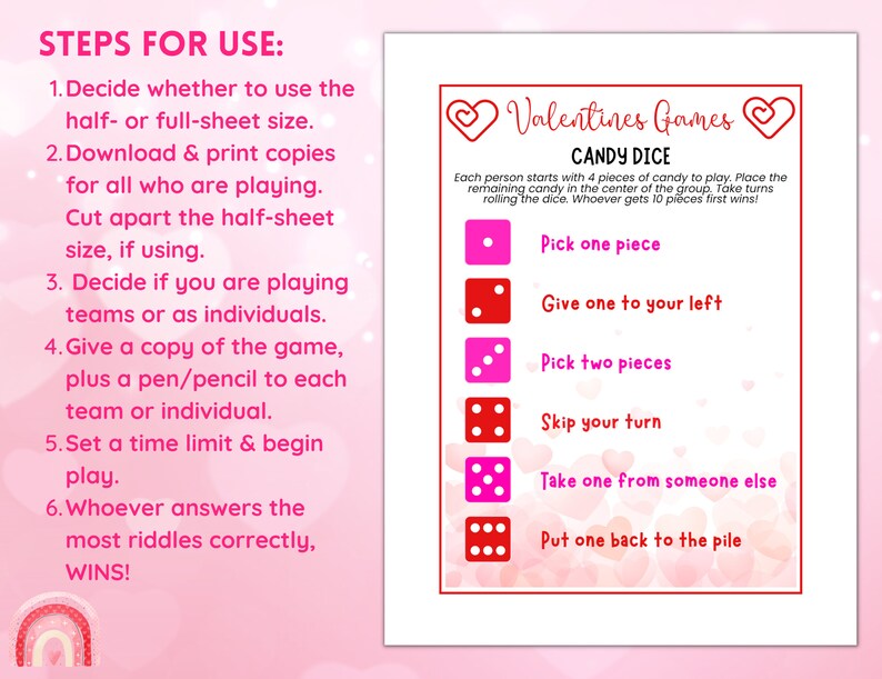 Valentines Candy Dice Game, Printable, Valentine Party Game, Valentines ...