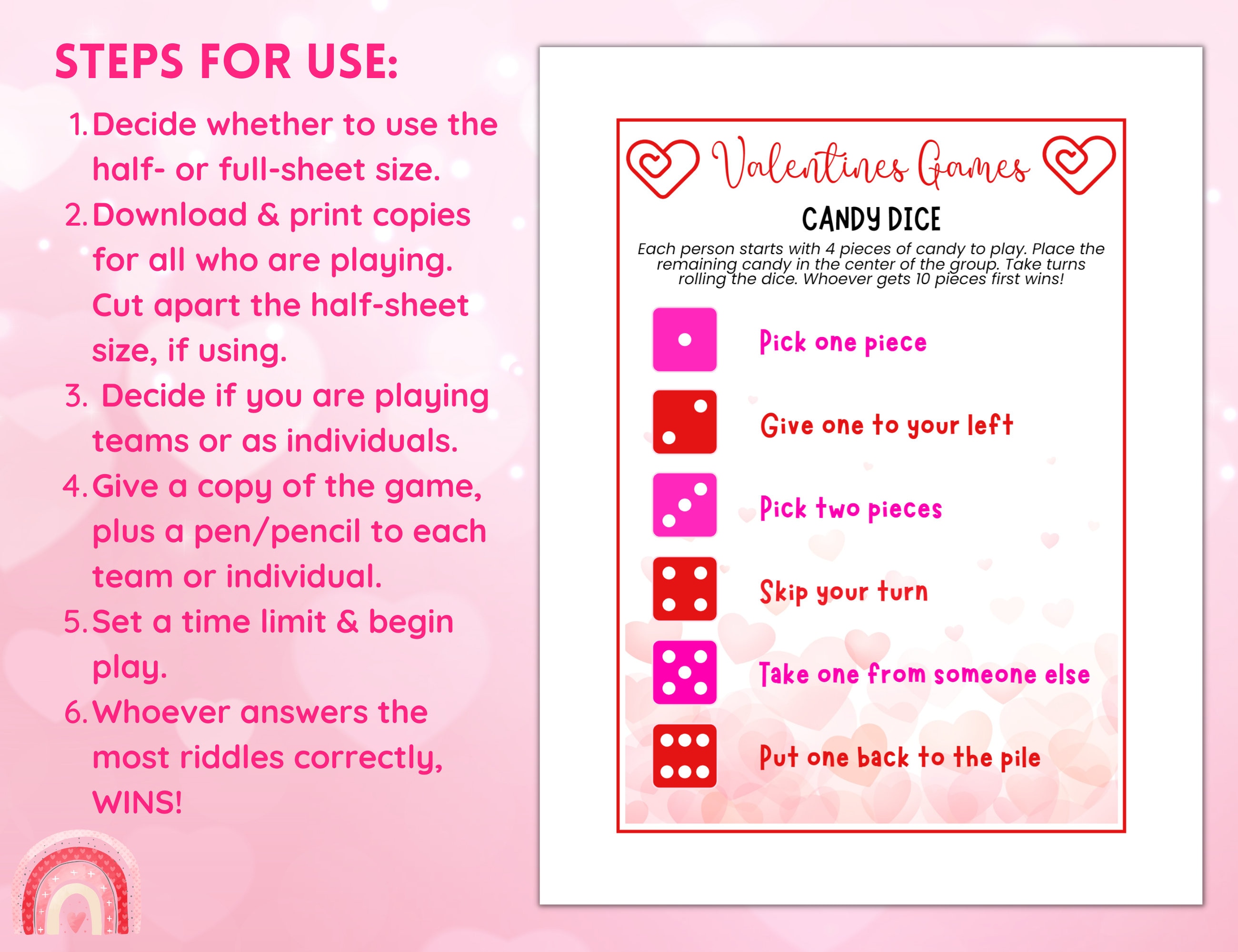 Valentines Candy Dice Game, Printable, Valentine Party Game, Valentines ...