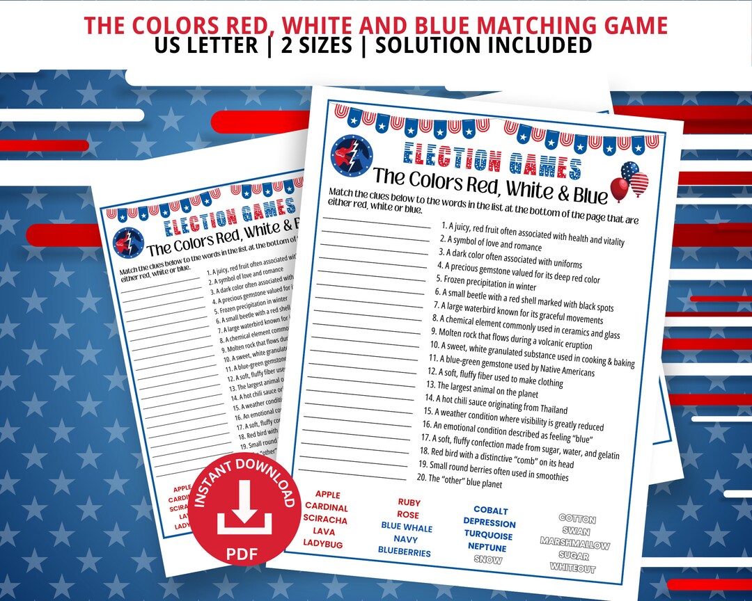 The Colors Red, White and Blue Matching Game, Election Day Trivia ...