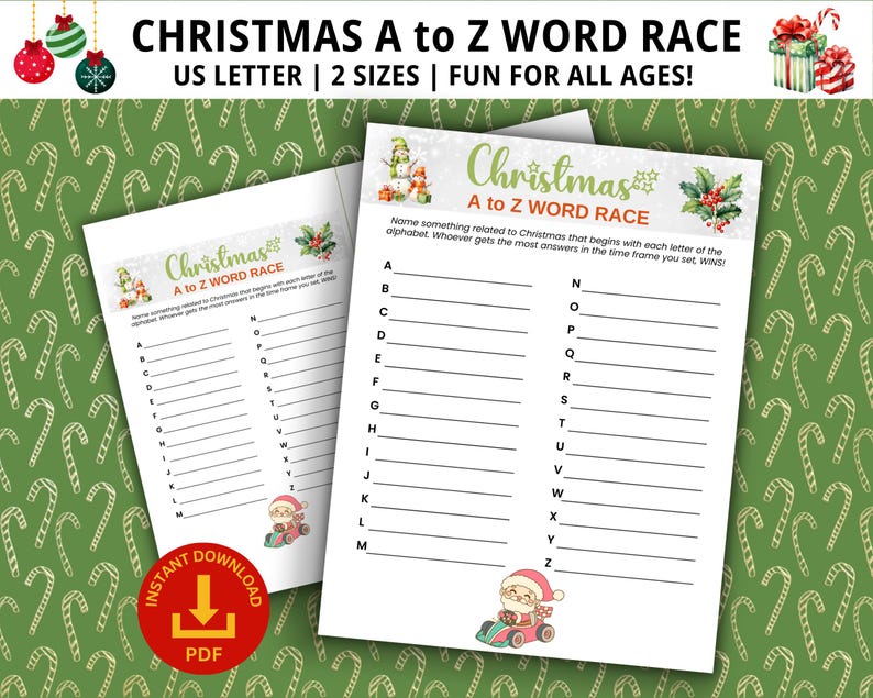 Christmas A to Z Word Race Game, Christmas Game, Friendsmas Game, Word ...