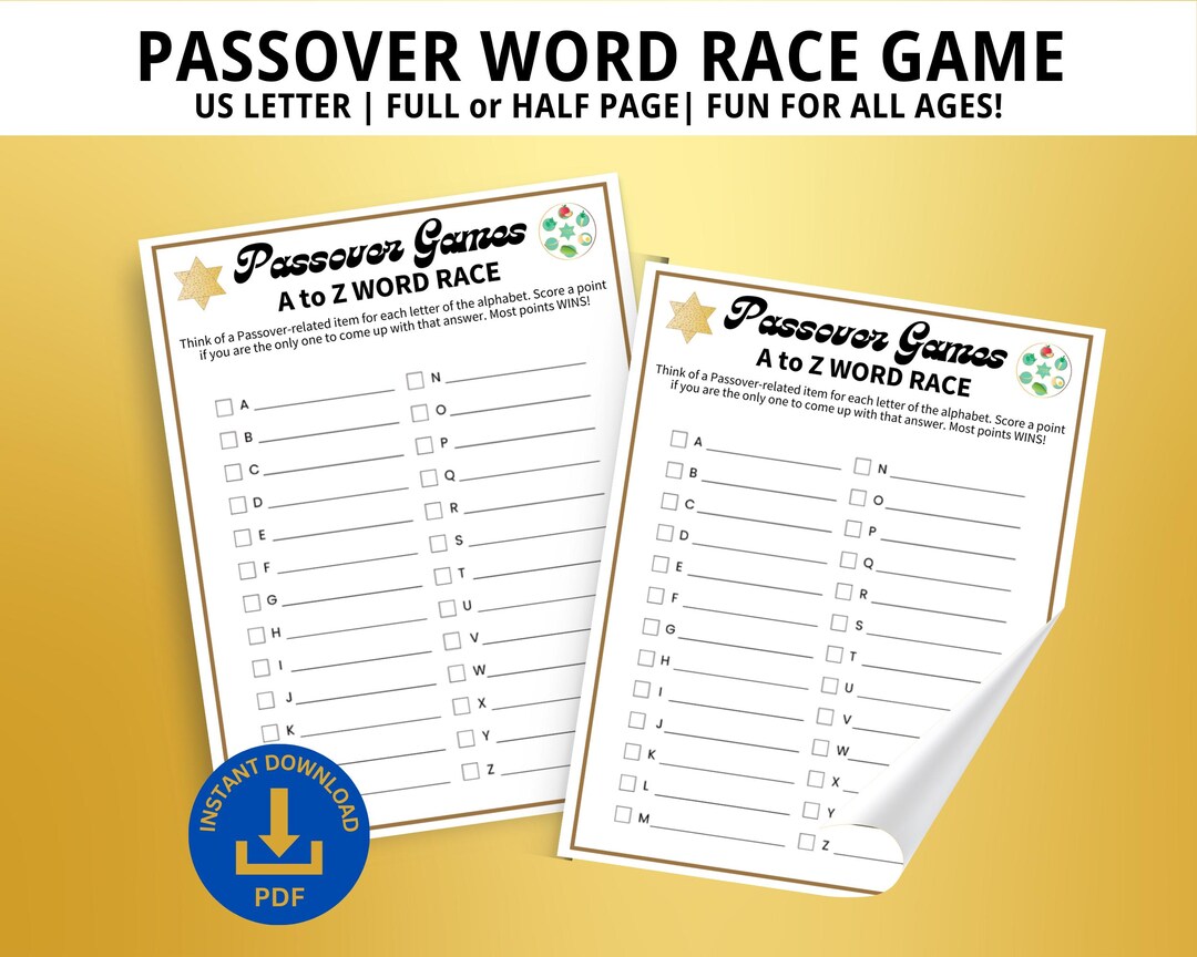 Passover A to Z Word Race, Passover Games, Jewish Games, Passover ...