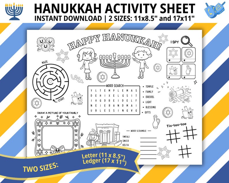Hanukkah Activity Sheet, 2 Sizes, Hanukkah Party Game, Hanukkah ...