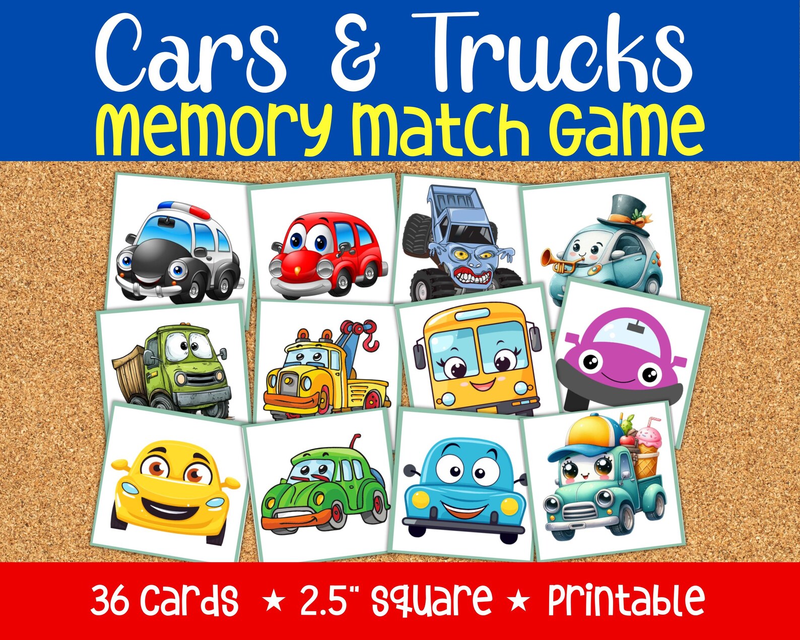 Cars and Trucks Memory Match, Cars Matching Game, Memory Matching Game ...