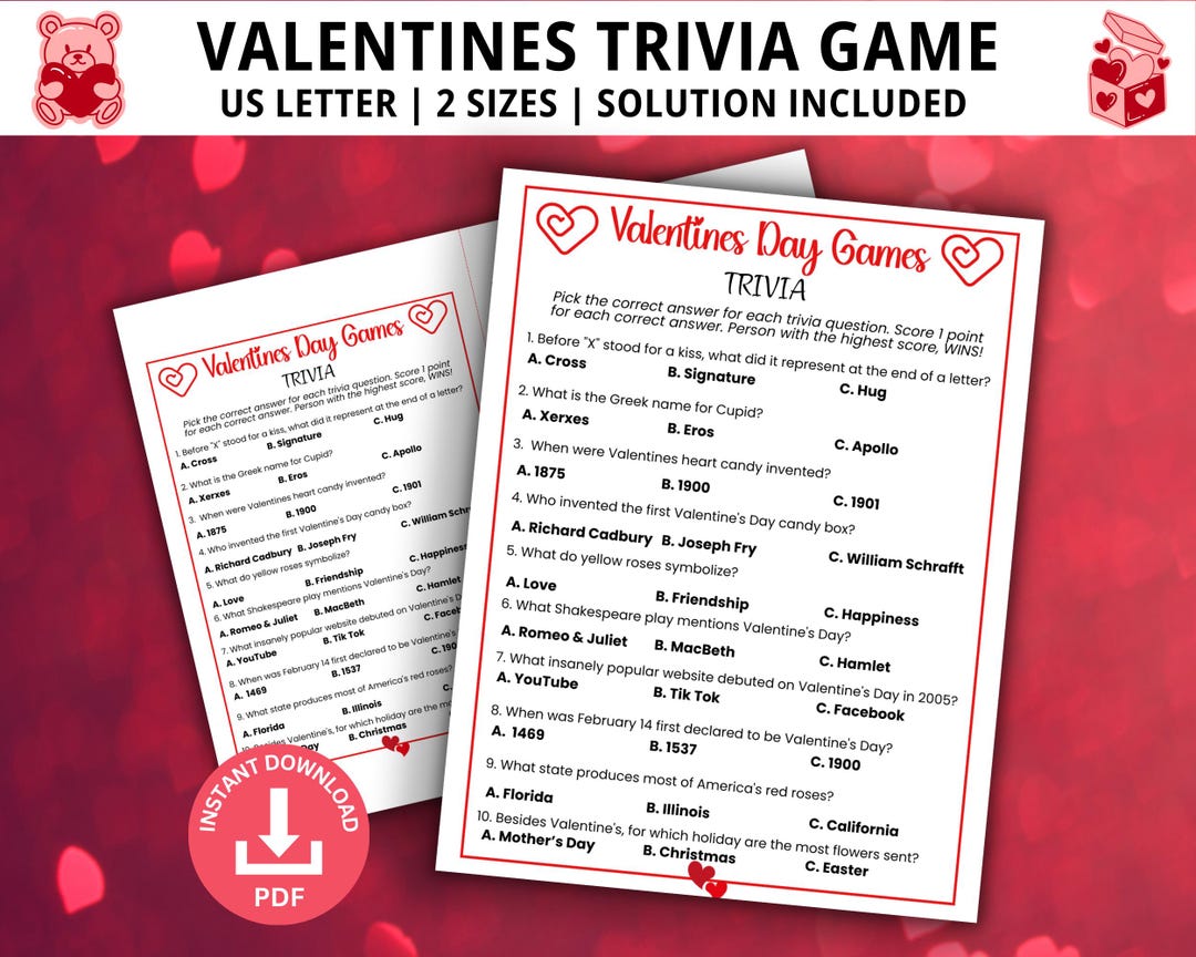 Valentine Trivia Game, Valentines Day Trivia, Valentines Day Party Game ...