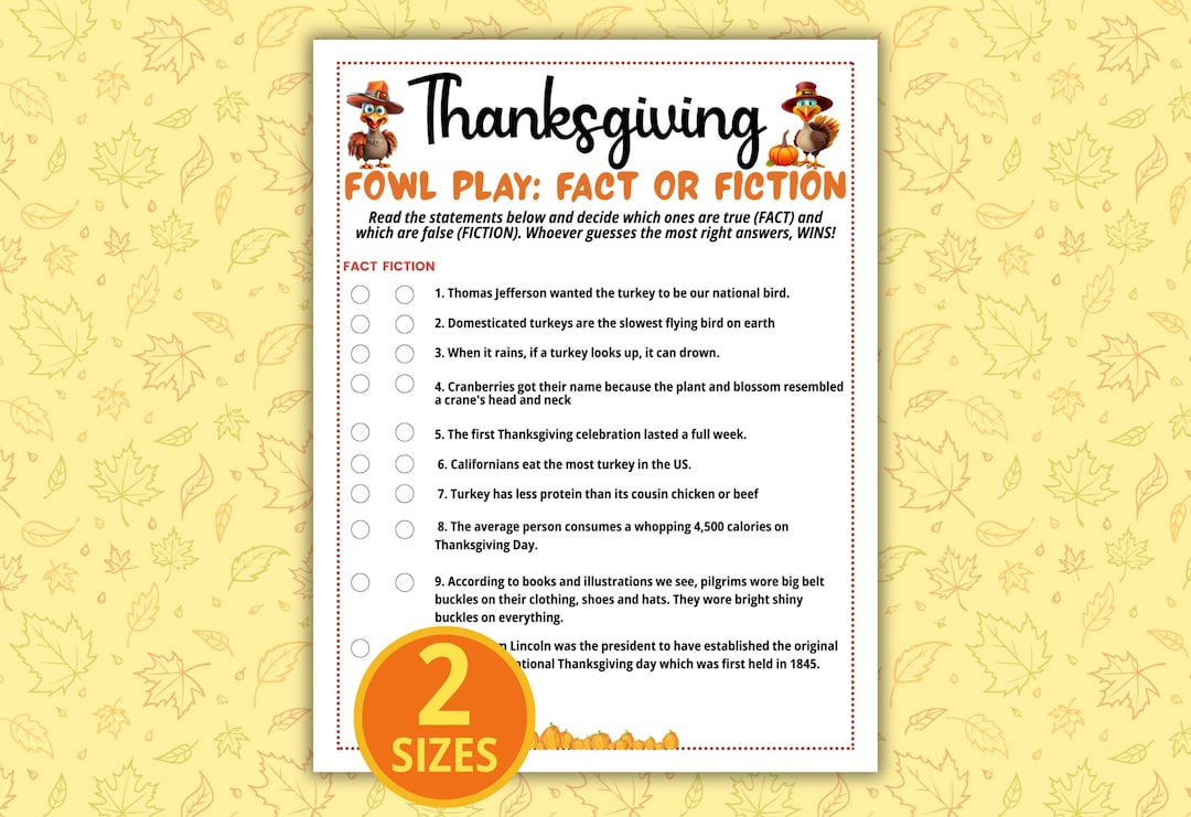 Thanksgiving Fact or Fiction Game, Thanksgiving Games, Thanksgiving ...