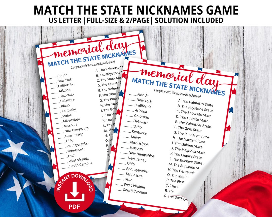 State Nicknames Trivia Game, Memorial Day Game, Games for the Office ...