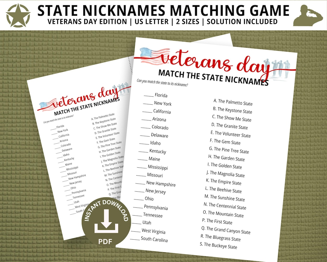 State Nicknames, Matching Game, Veterans Day Games, Group Games ...
