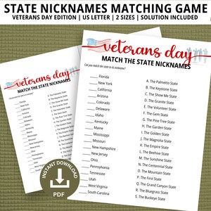State Nicknames, Matching Game, Veterans Day Games, Group Games ...