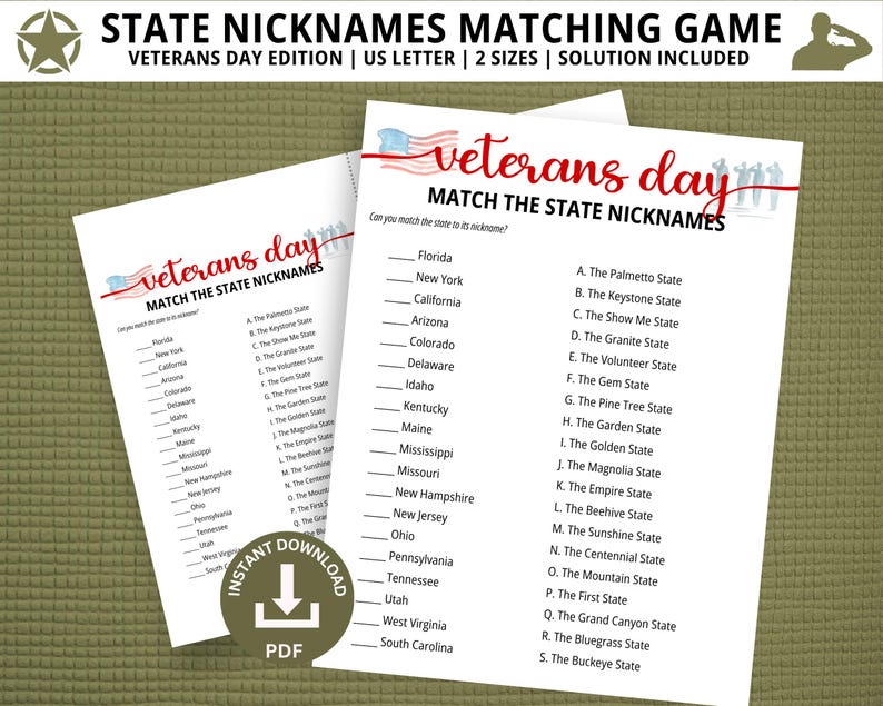 State Nicknames, Matching Game, Veterans Day Games, Group Games ...