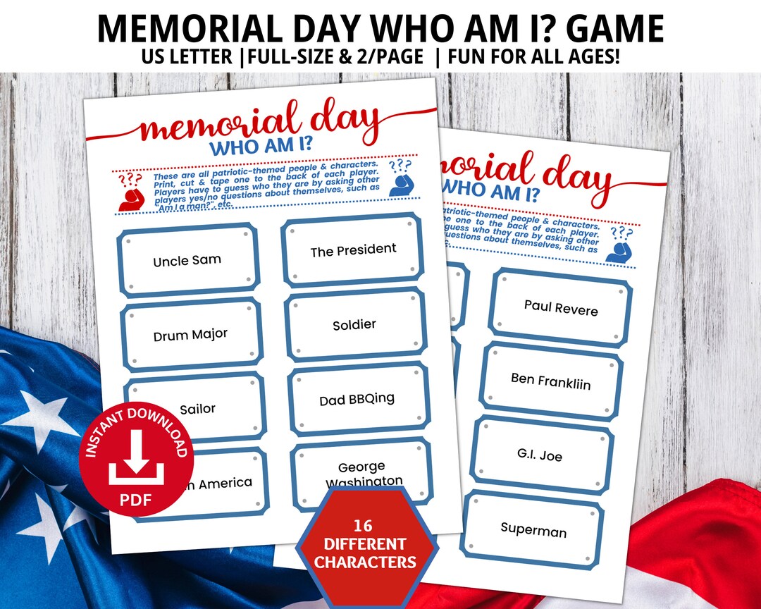 Memorial Day Who Am I? Game, Memorial Day Games, Group Games, Patriotic ...