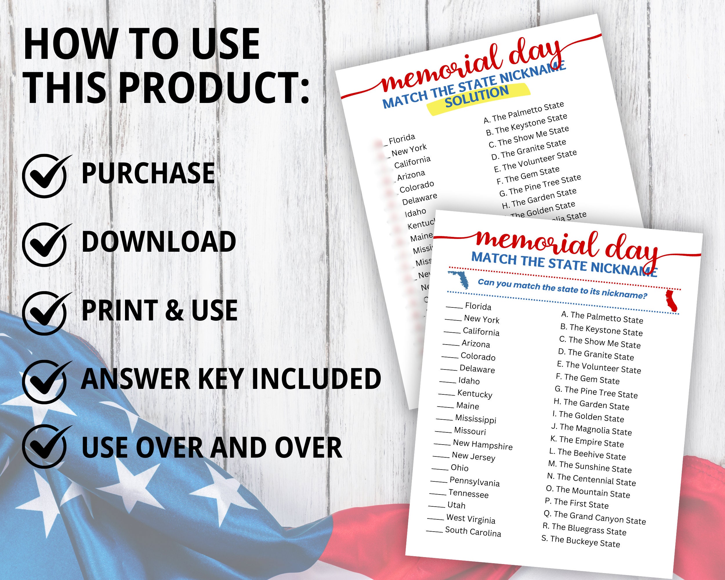 State Nicknames Trivia Game, Memorial Day Game, Group Games, Patriotic ...