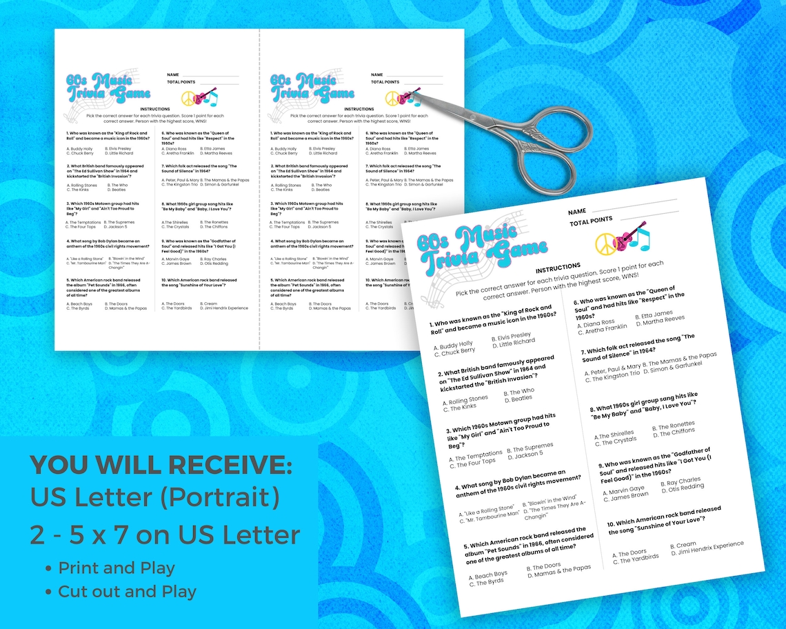 1960s Trivia Game, Music Trivia, Printable Trivia Game, Family Game ...