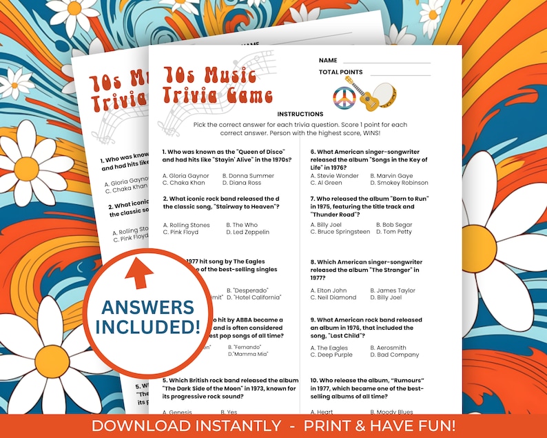 70s Trivia Game, Music Trivia, Printable Trivia Game, Family Game Night ...