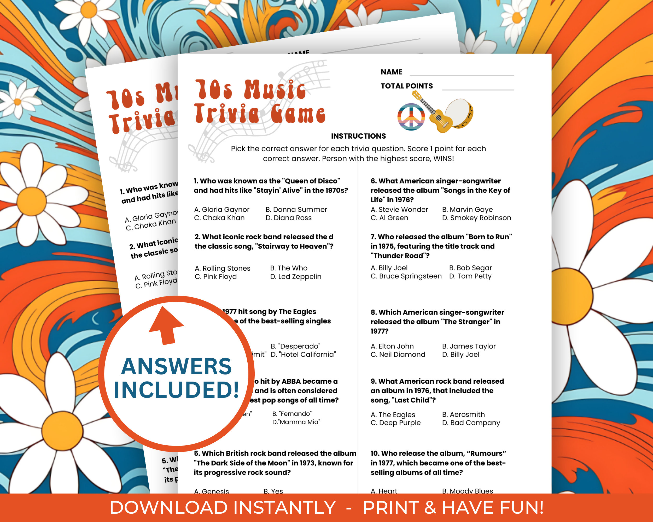 70s Trivia Game, Music Trivia, Printable Trivia Game, Family Game Night ...