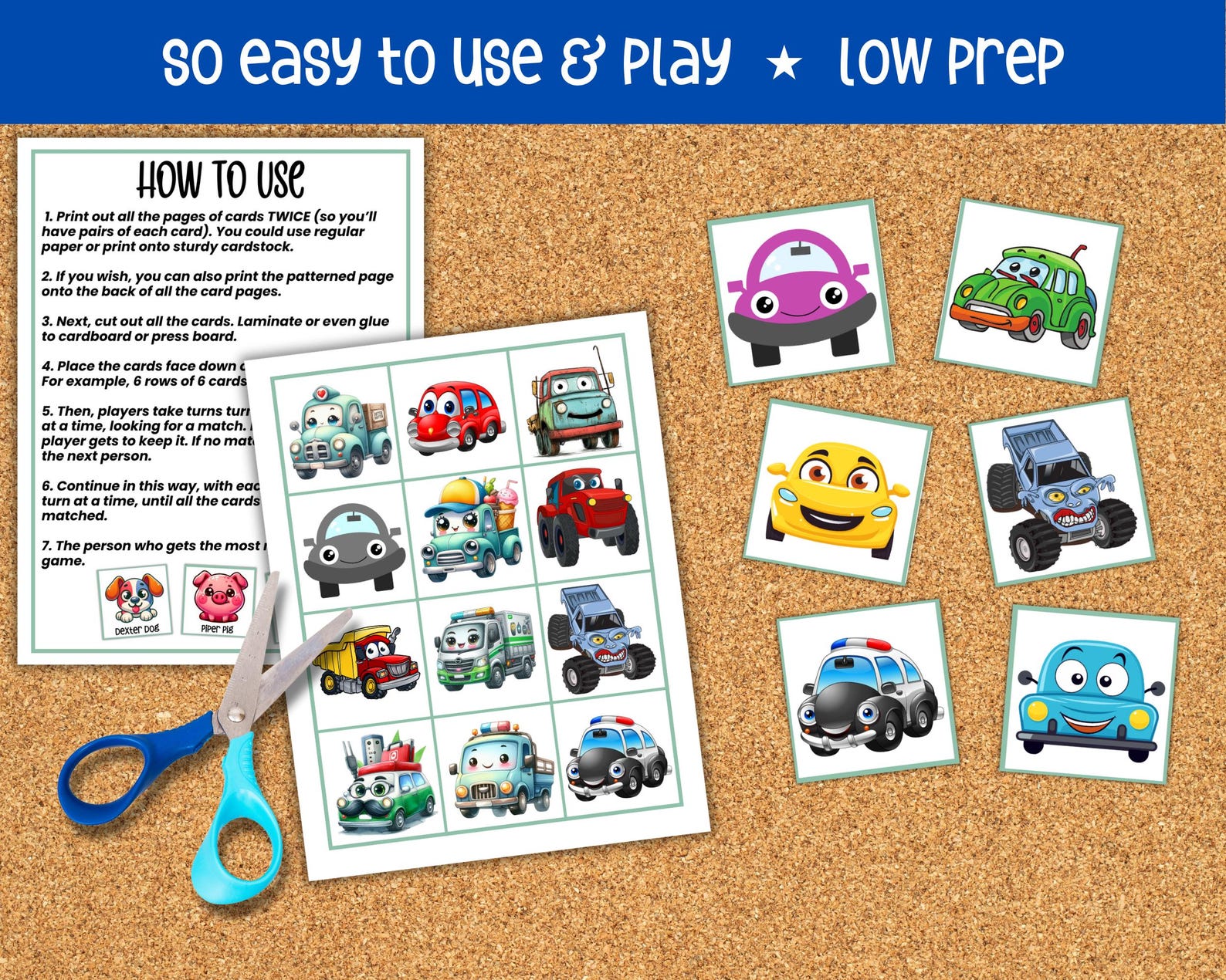 Cars and Trucks Memory Match, Cars Matching Game, Memory Matching Game ...