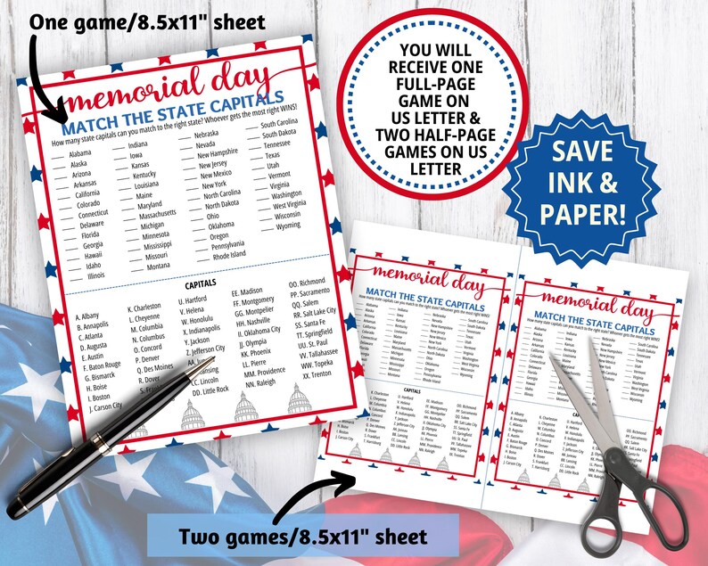 State Capitals Trivia Game, Memorial Day Game, Matching Game, Patriotic ...