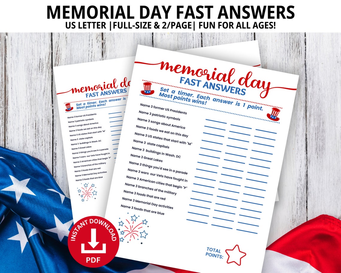 Memorial Day Fast Answers Game, Memorial Day Games, Patriotic Games ...