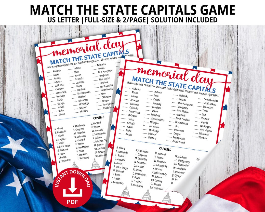 State Capitals Trivia Game, Memorial Day Game, Matching Game, Patriotic ...