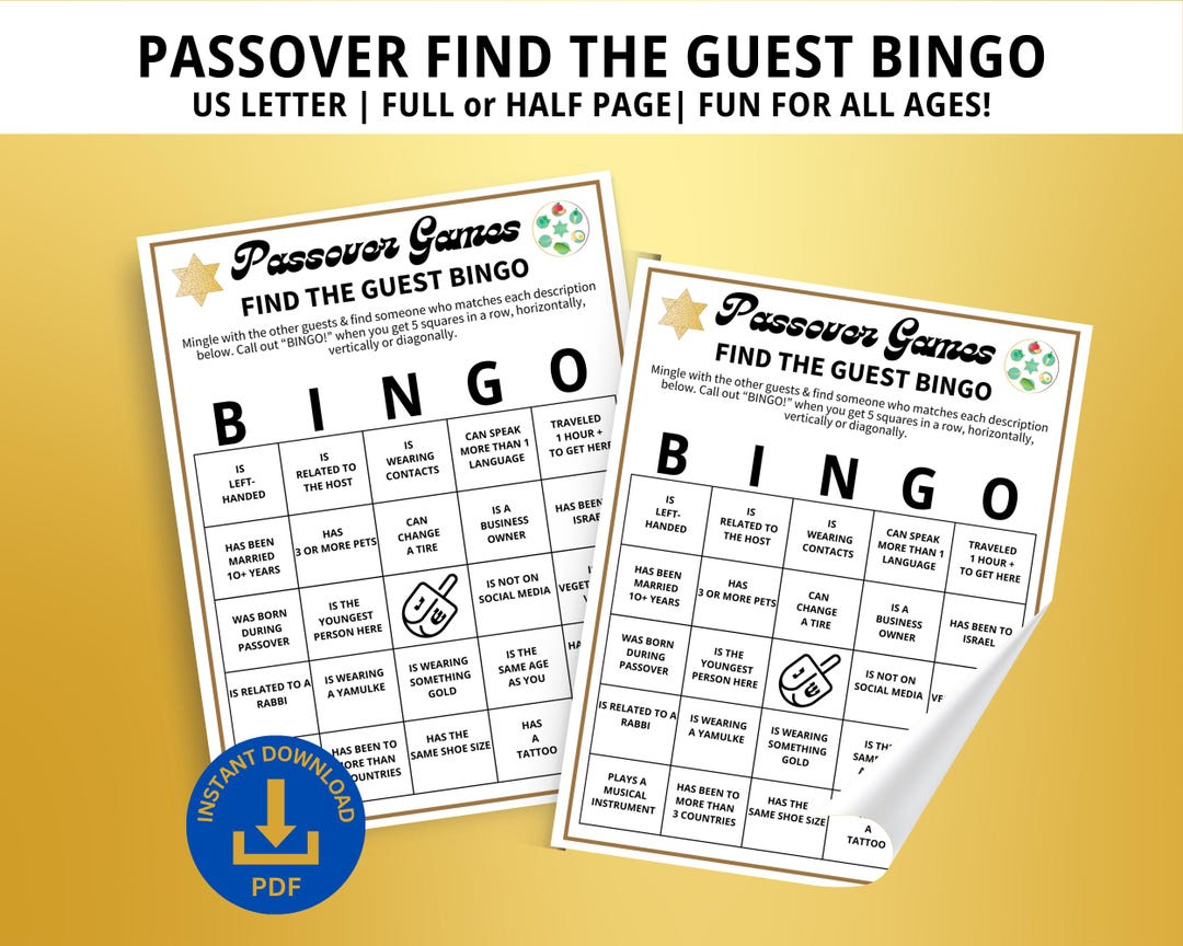 Passover Find the Guest Bingo, Passover Games, Jewish Games, Passover ...